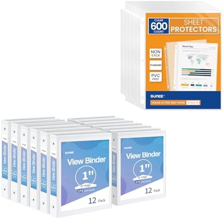 Amazon.com : SUNEE White Binders & Sheet Protector Bundle, 12pcs 1 Inch 3 Ring Binders & 600pcs ...