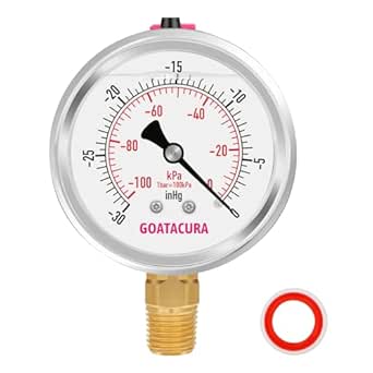 GOATACURA -30 inHg to 0 Glycerin Filled Vacuum Pressure Gauge, 2.5" Dial Size, Stainless Steel ...