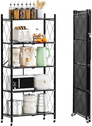 5-Tier Folding Storage Shelves with Wheels, Heavy Duty Foldable ...