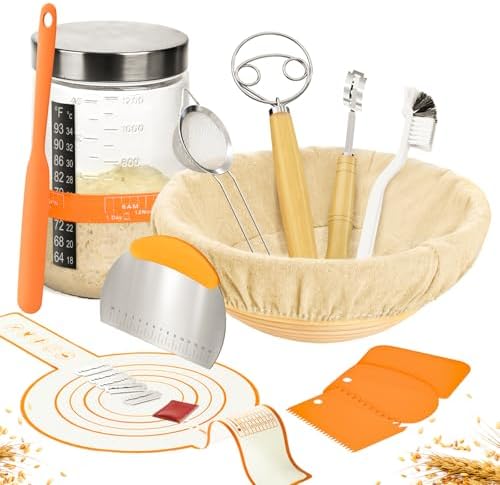 Sourdough Starter Kit & Bread Baking Supplies Set - 9" Proofing Basket ...
