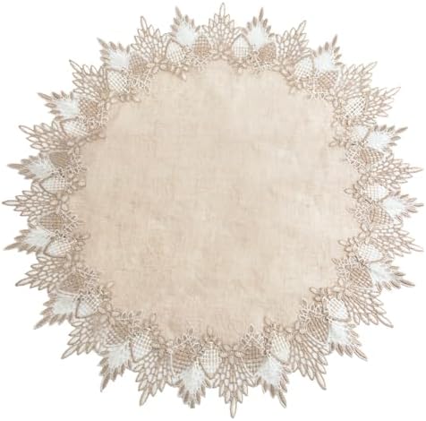 URROMA Linen Round Doily, 60cm*60cm Beige Table Cover with Lace Trim ...