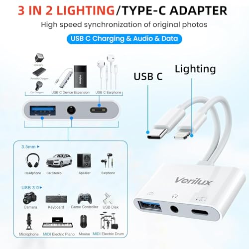 Verilux 3 in 2 Lighting to Type C Audio & Charging Connector, Type-C ...