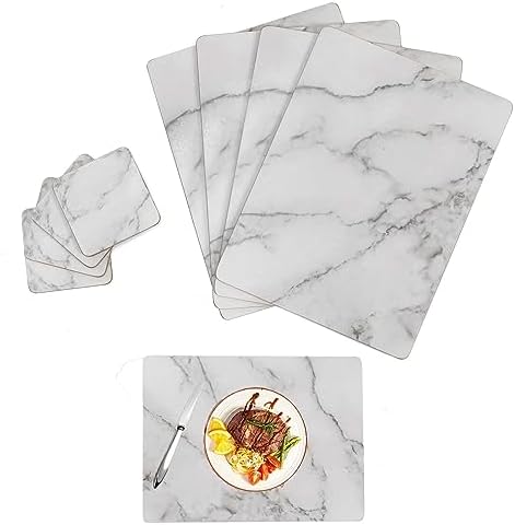 AAMEN Marble Effect Cork Placemats And Coasters Set 8, Marble Coaster ...