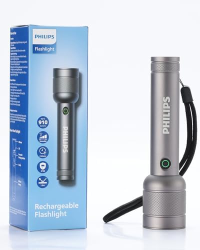 PHILIPS Portable Torch Light, 910LM Rechargeable LED Flashlight with 3 ...