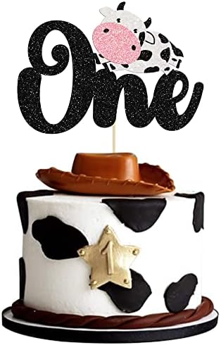 Amazon.com: Gyufise 1Pc Cow One Cake Topper Glitter Farm Animals First ...