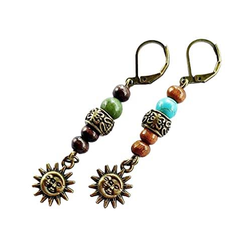 Amazon.com: Wood and Bronze Sun and Moon Men's Earring - Single Hippie ...