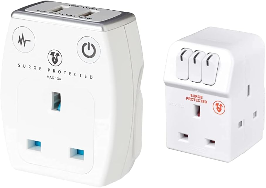Masterplug Single Socket Surge Protected Power Adaptor with Two USB ...