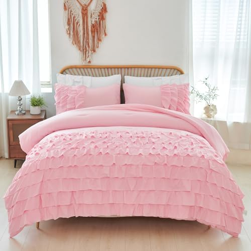Amazon.com: Holawakaka Pink Waterfall Ruffle Comforter Set Full Size ...