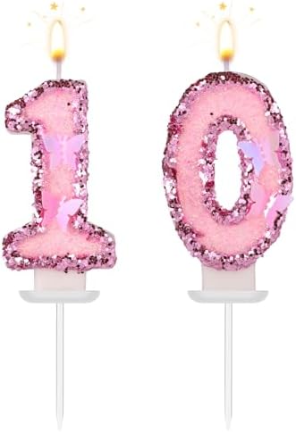 Amazon.com: Girls Birthday Number 10 Candles, 2.95in Glitter Butterfly ...