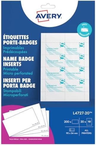 Avery L4727-20 Printable Name Badge Insert Refills (90 x 54 mm Inserts ...