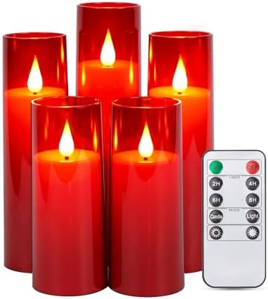 Eywamage Red Glass Flameless LED Candles with Remote Timer, Flickering ...