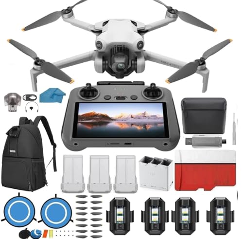 DJI Mini 4 Pro Folding Drone with RC 2 Remote (With Screen) Fly More Combo, 4K HDR Video Camera for Adults, Under 249g, Omnidirectional Sensing, 3 Batteries Bundle with 128 gb SD Card Strobe Lights and More