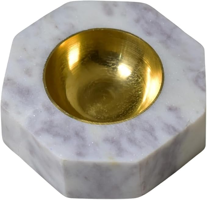 White Banswara Marble with Brass Bowl for Puja/ Burner/ Oil Lamp ...