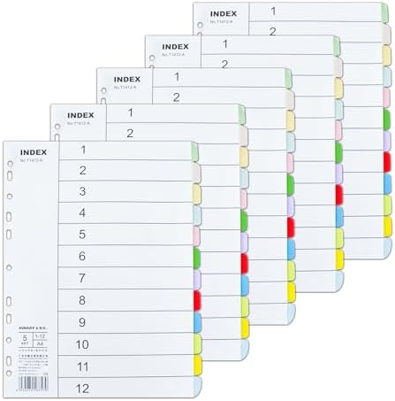 A4 File Dividers, 5 Pack 10 Part Coloured Multi Hole Punched Tabbed ...