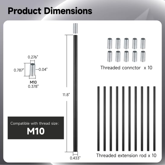 Snapklik.com : Matte Black M10 Threaded Extension Rod, 10 PCS 12 Inches ...