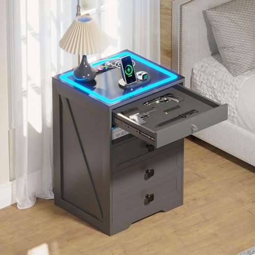 Gurexl LED Bedside Table with Hidden Drawer, Glass Top Bedside Table ...