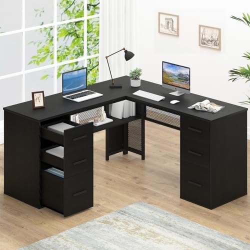 Amazon.com: LITTLE TREE Large Executive Desk with File Cabinet, 71 inch ...