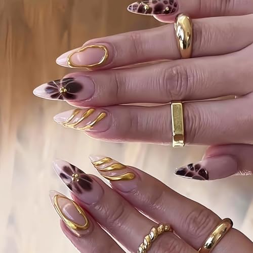 Amazon.com: 30 Pcs Gold Line Press on Nails Almond, Medium Fake Nails ...