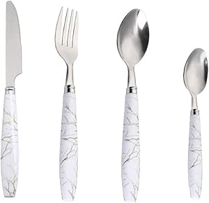 24-Piece Set of Marble Pattern Handle Cutlery Set Kitchen Silverware ...