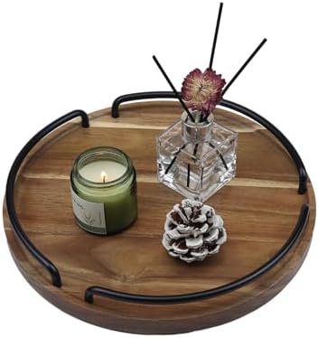 Amazon.com: Rustic Round Wooden Decorative Tray with Metal Handles ...