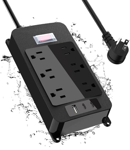 Outdoor Power Bar Waterproof with USB C, 4 Wide AC Outlets Heavy Duty ...