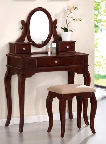 Amazon.com: Vanity Set w/ Curved Leg Design Stool and Table in Cherry ...