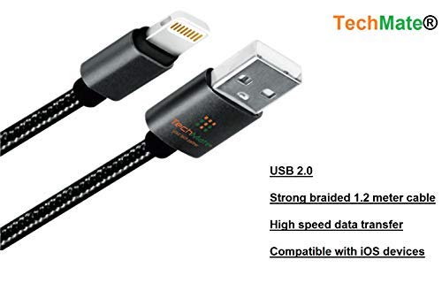 TechMate Data Sync and Charging Cable Compatible with iOS Device (Pack of 1 TMPS-258 Black ...