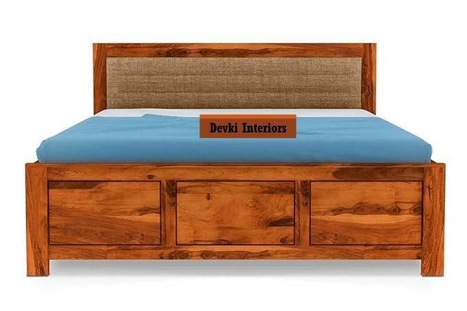 DEVKI INTERIORS Essential Solid Wood King Size Bed with Storage Hydraulic and Upholstered ...