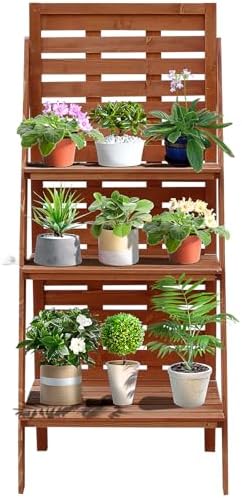 GOLDBEARUK Flower Steps - 3 tier Wooden Plant Ladder - Lightweight Wood ...