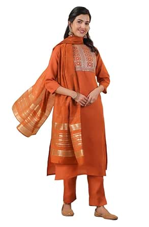 Buy Anekha Women's Rust Cotton Blend Yoke Embroidery Straight Kurta Set ...