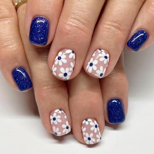 Amazon.com: Blue Press on Nails Short Square False Nails with Flower ...