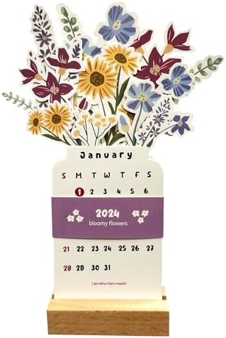 Amazon.com : 2024 Bloomy Flowers Desk Calendar with Wooden Base - Mini ...