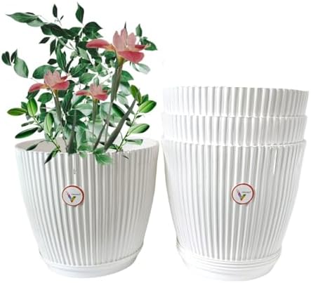 VINSHRA 9 Inch White Round mega Flower Pot with 6 Bottom Tray Set of 4 ...