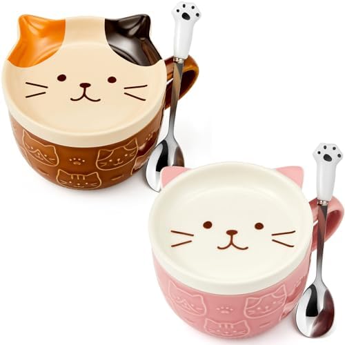 Amazon.com: YLOKO Cute Cat Mug with Lid, 10oz Kawaii Ceramic Calico Cat ...