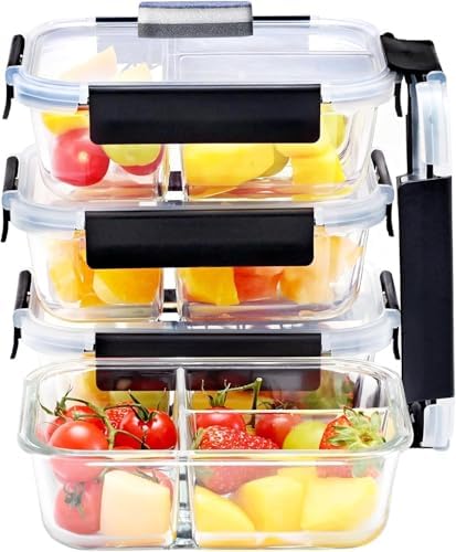 Glass Meal Prep Containers 2 & 3 Compartment (4 Pack, 1000 ML) - Glass ...