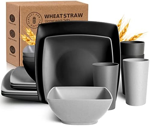 Amazon.com: Teivio 16-piece Plastic Wheat Straw Square Dinnerware Set ...