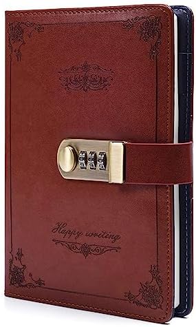POPLEY PU Leather Combination Lock Diary with Code Lock A5 Size Password Diary for Men Women ...