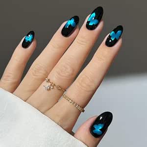 Amazon.com: 24Pcs Dark Blue Sparkling Press on Nails Medium Almond Fake ...