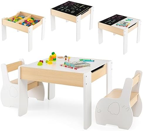 eSituro Kindertisch und 2 Stühle mit Stauraum, 3tlg. Kindersitzgruppe ...