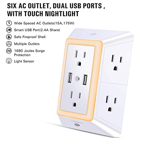 USB Wall Charger, Surge Protector, POWRUI 6-Outlet Extender with 2 USB ...