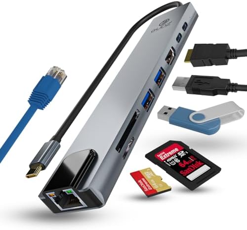 GUDZ Adaptador USB Tipo C Hub 8 Em 1 4K Para RJ45, Ethernet, Leitor de Cartão SD, Micro SD ...