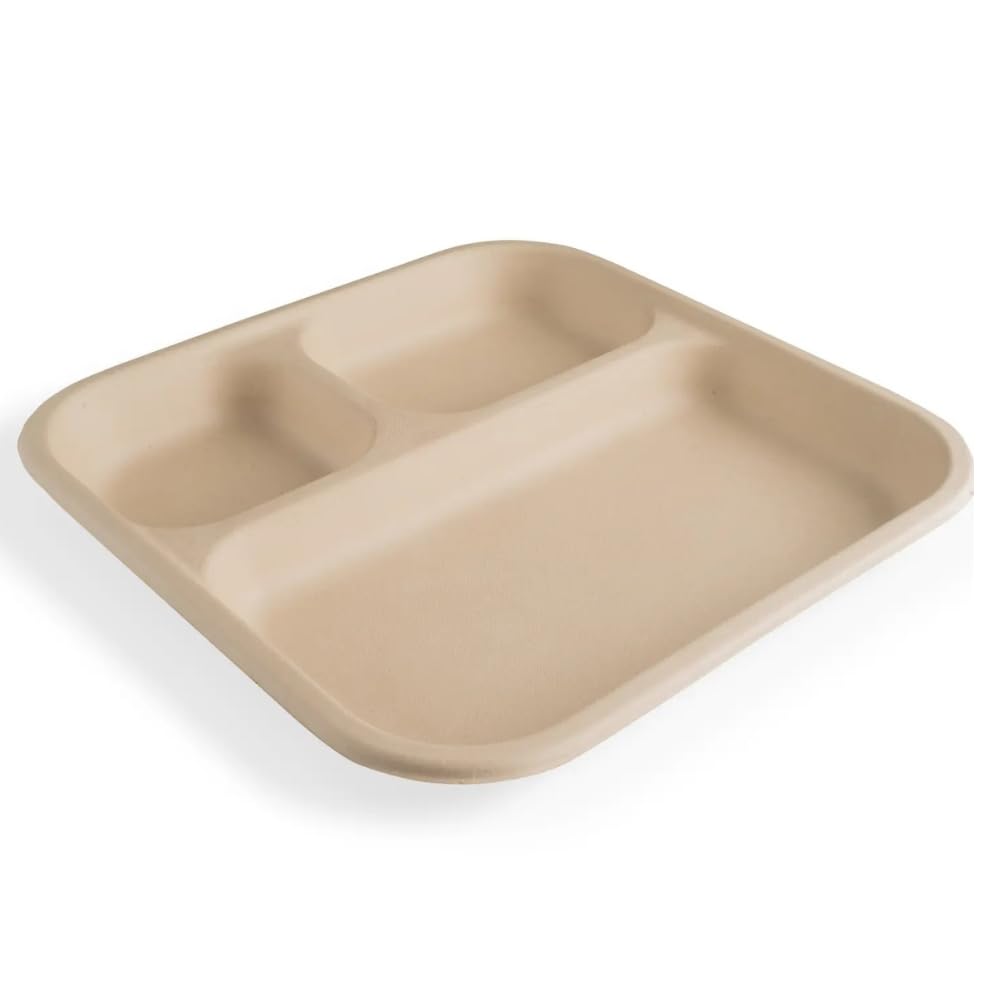 compostable 10 Inch Sugarcane Bagasse 3 Compartment Square Plate. Bhav ...