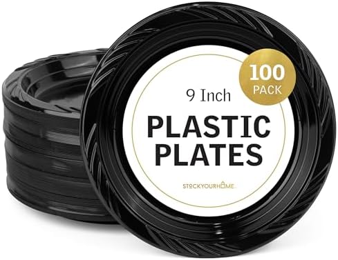 Amazon.com: Munfix 200 Black Plastic Plates Set - 9 Inch Disposable ...