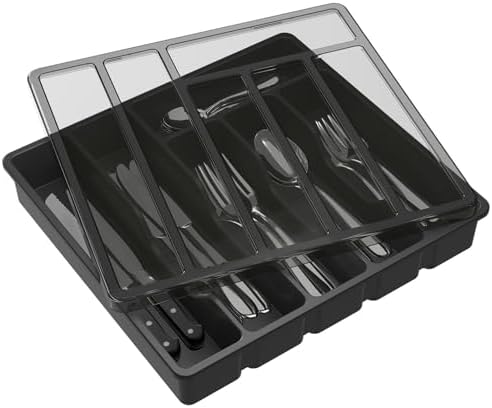 WPAJIRZO Wooden Cutlery Box with Lid, 4 Compartments for Kitchen or ...