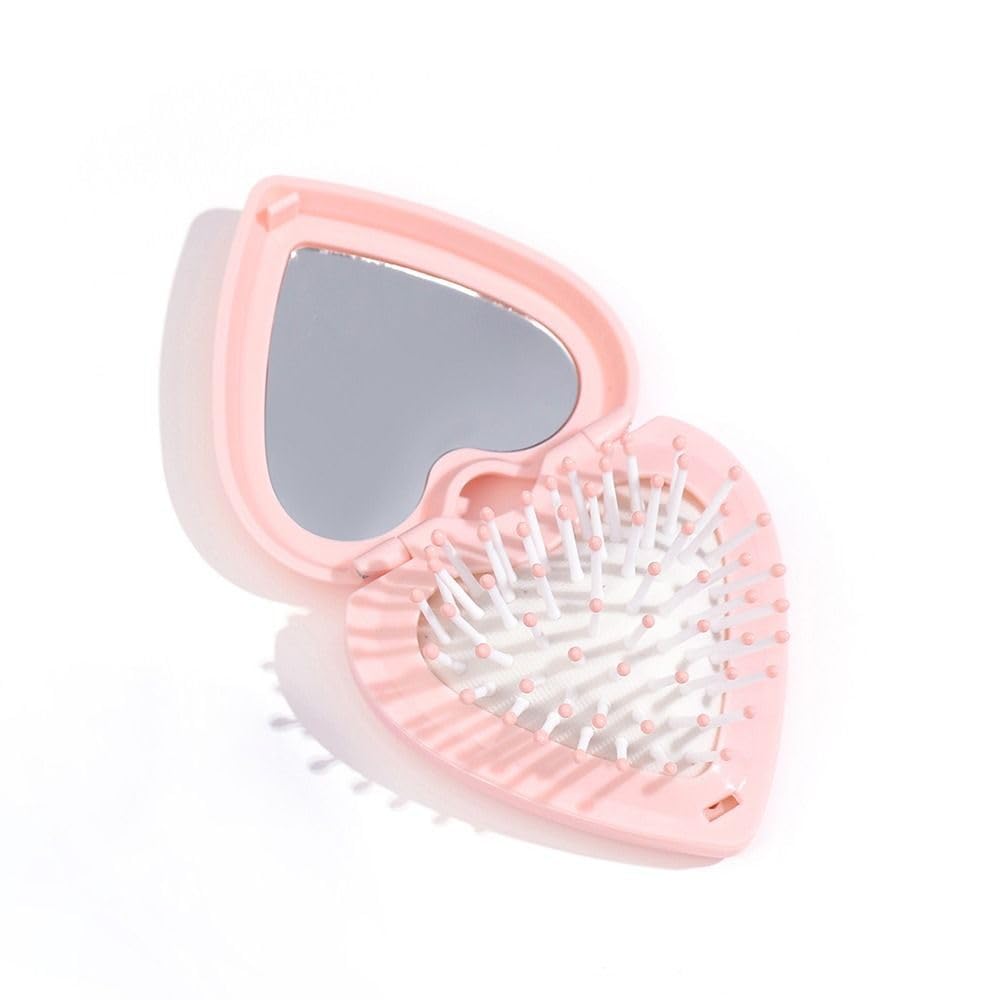 Amazon.com : Pink Heart Hair Brush With Mirror, Air Cushion Folding ...