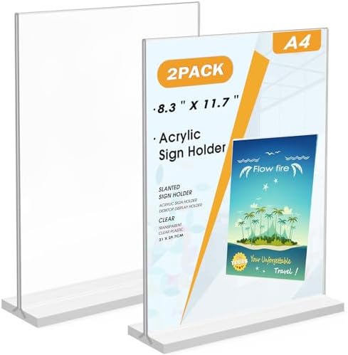 Flow fire A4 Acrylic Sign Holder, 2 Pack T-Shape A4 Clear Perspex ...
