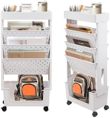 RUN.SE 5 Tier Rolling Book Cart, Multi-Functional Mobile Bookshelf Cart ...