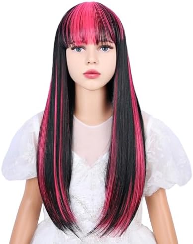 Amazon.com: WAVELNM Black and Pink Wig with Bangs Kids Black Wigs with ...