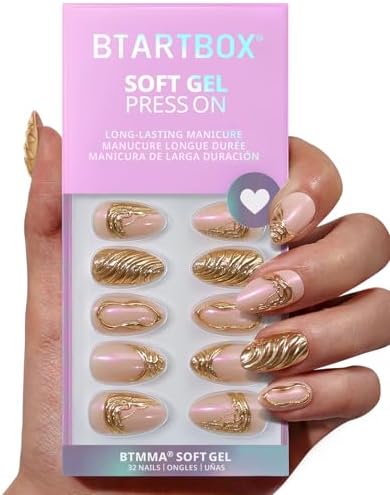 Amazon.com: BTArtbox Press On Nails Short - 3D Gold Sculpting Almond ...