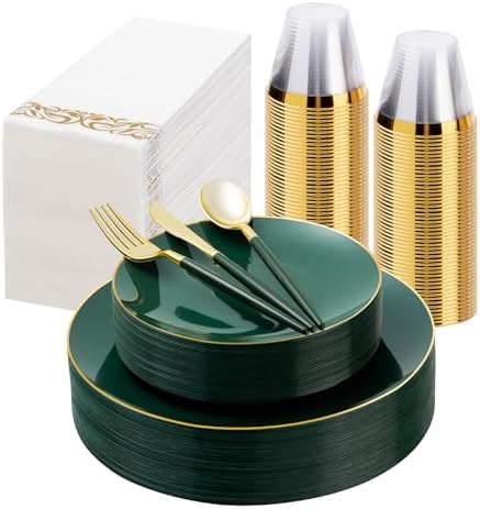 Amazon.com: I00000 150Pcs Green Plastic Plates with Gold Rim,Gold ...